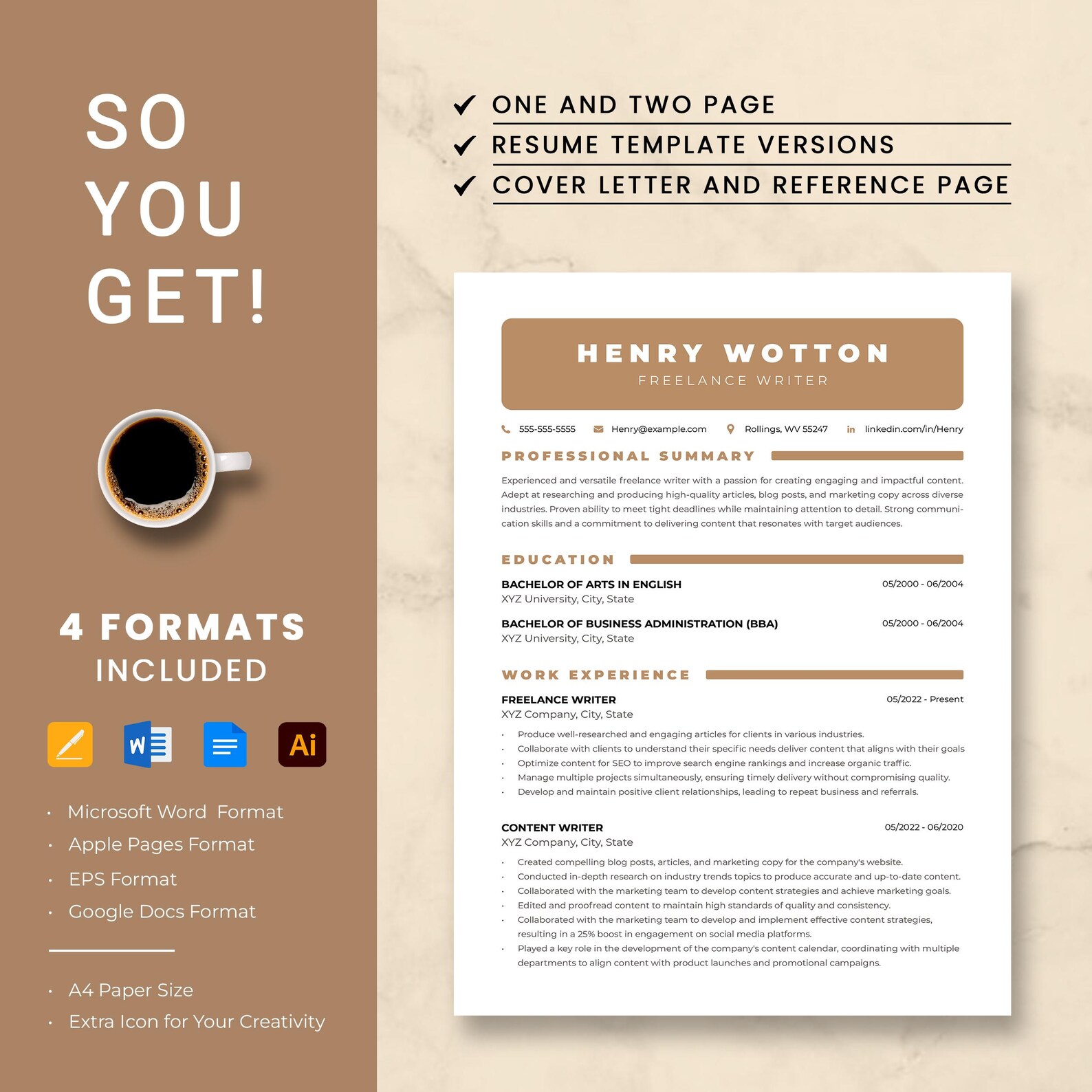 ATS Friendly Freelance Writer Resume Template With Cover Later | Copy ...