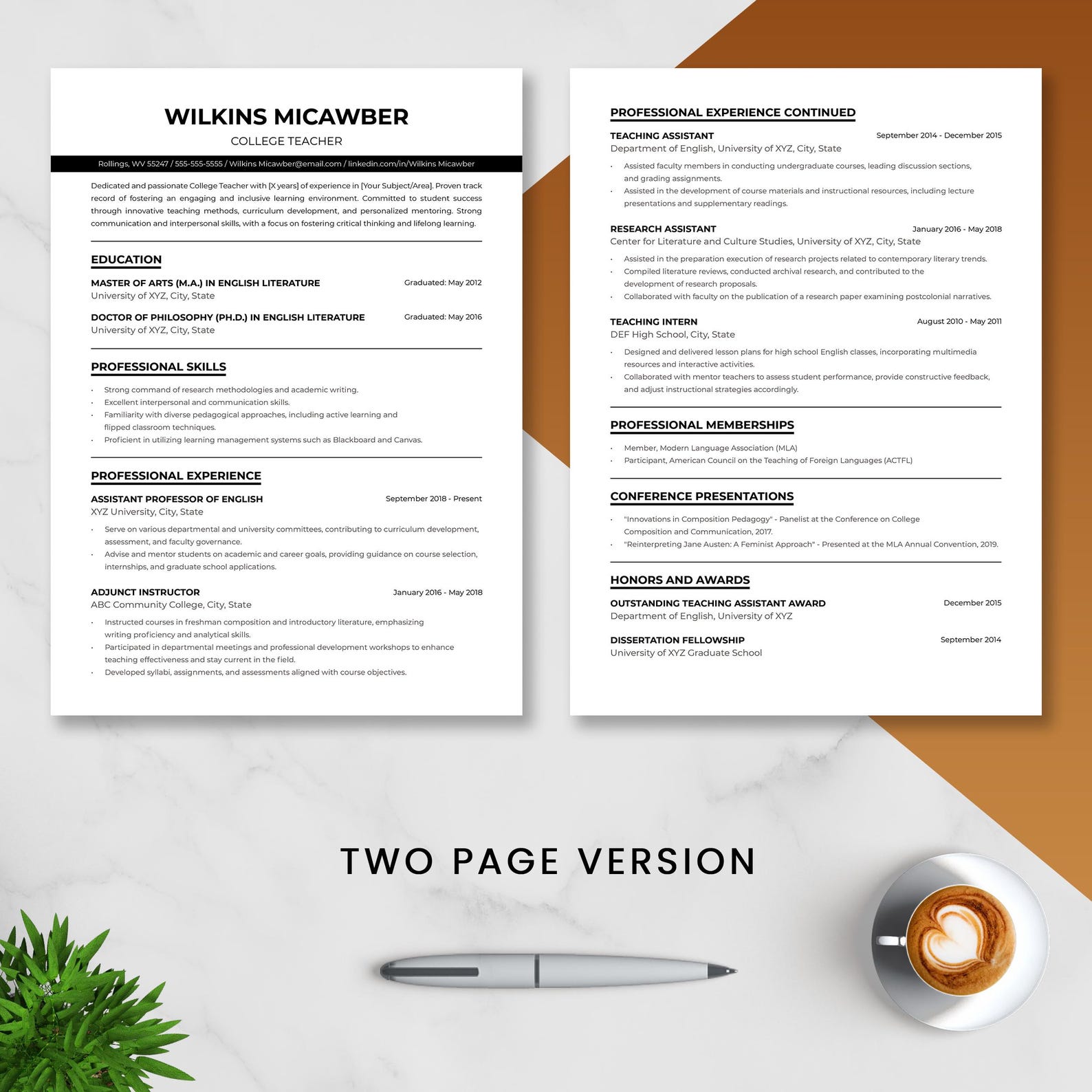 ATS Friendly College Teacher Resume Template Word, Google Docs & Mac ...