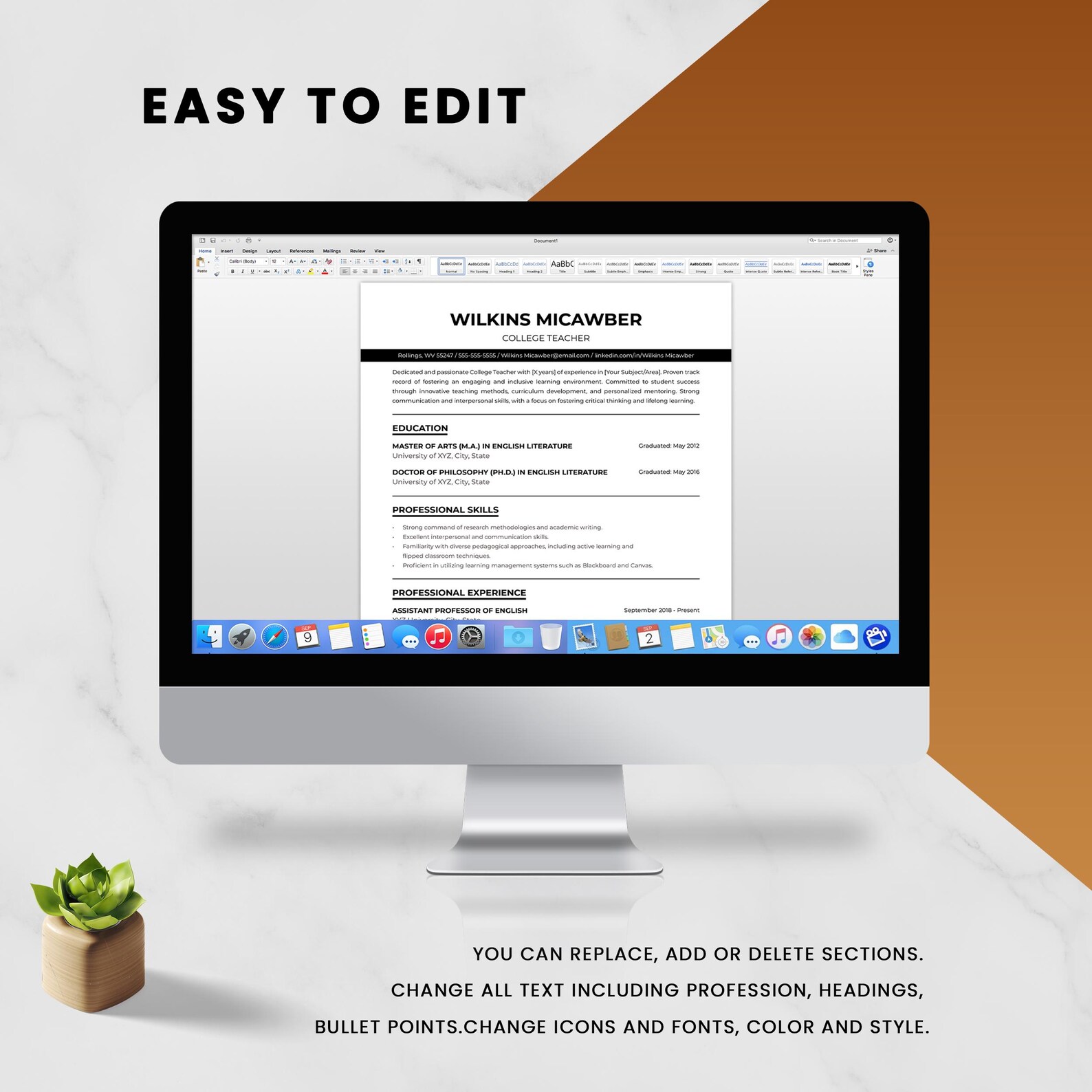 ATS Friendly College Teacher Resume Template Word, Google Docs & Mac ...
