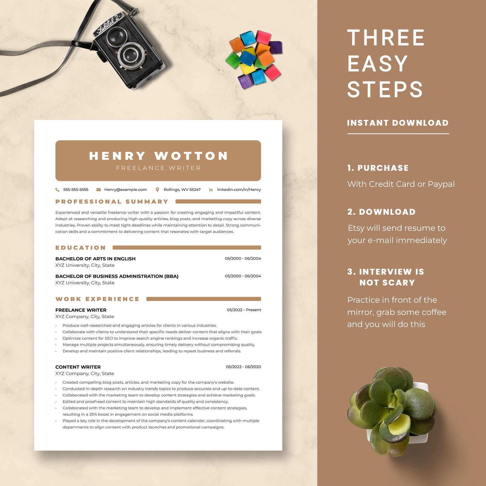 ATS Friendly Freelance Writer Resume Template With Cover Later | Copy ...