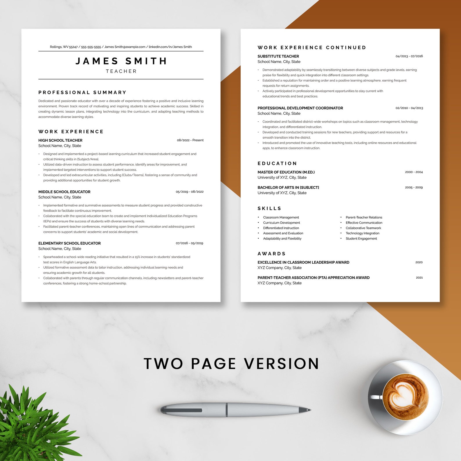 ATS Modern Teacher Resume Template Word, Google Docs | Teaching Resume ...