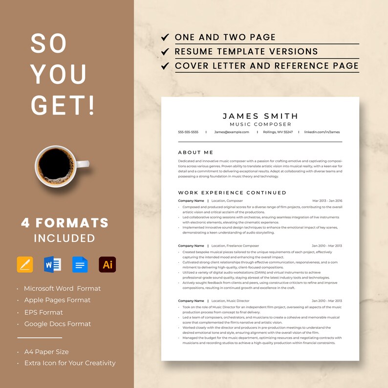 ATS Friendly Music Composer Resume Template | Resume + Cover Letter ...