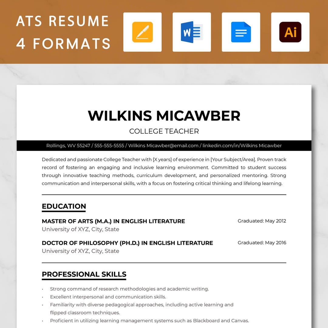 ATS Friendly College Teacher Resume Template Word, Google Docs & Mac ...