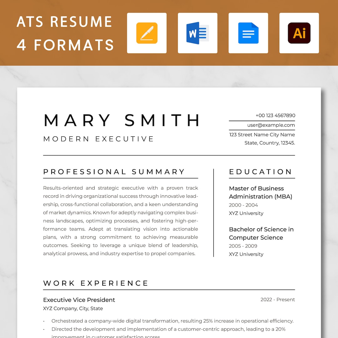 ATS Friendly Modern Executive Resume Template No Image | Business ...