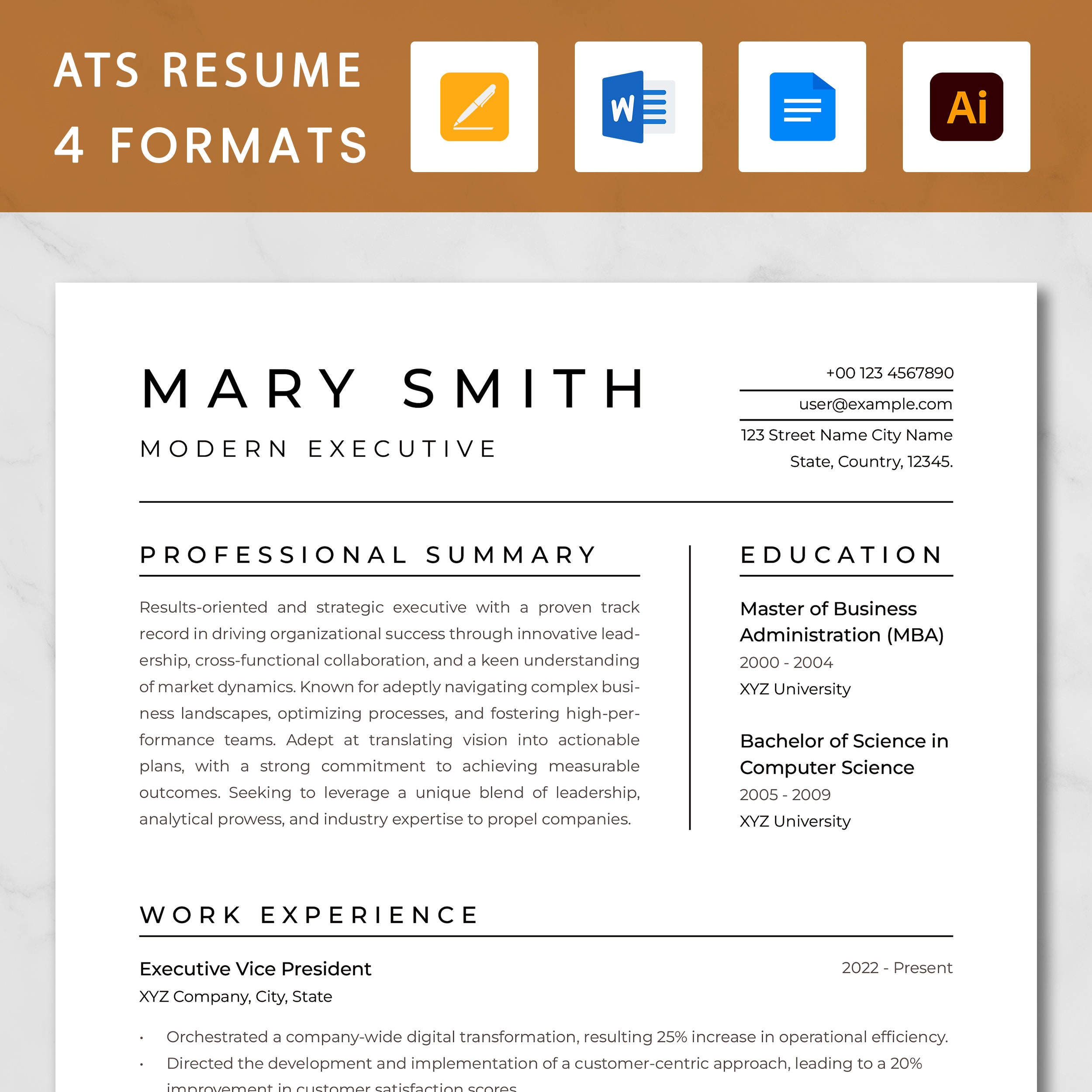 ATS Friendly Modern Executive Resume Template No Image | Business ...