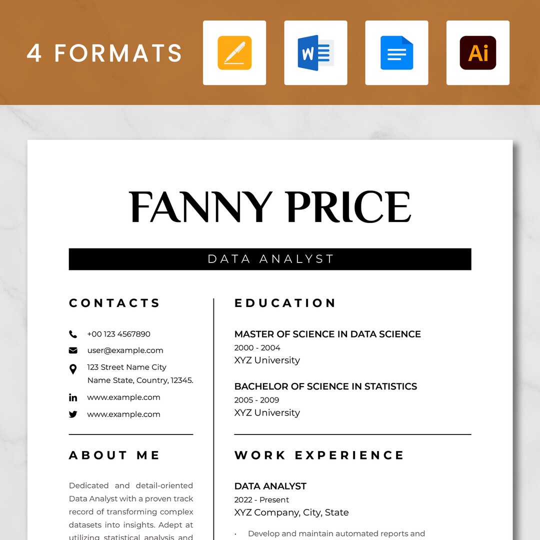 Data Analyst Resume Template for Word and Google Docs, Data Scientist ...