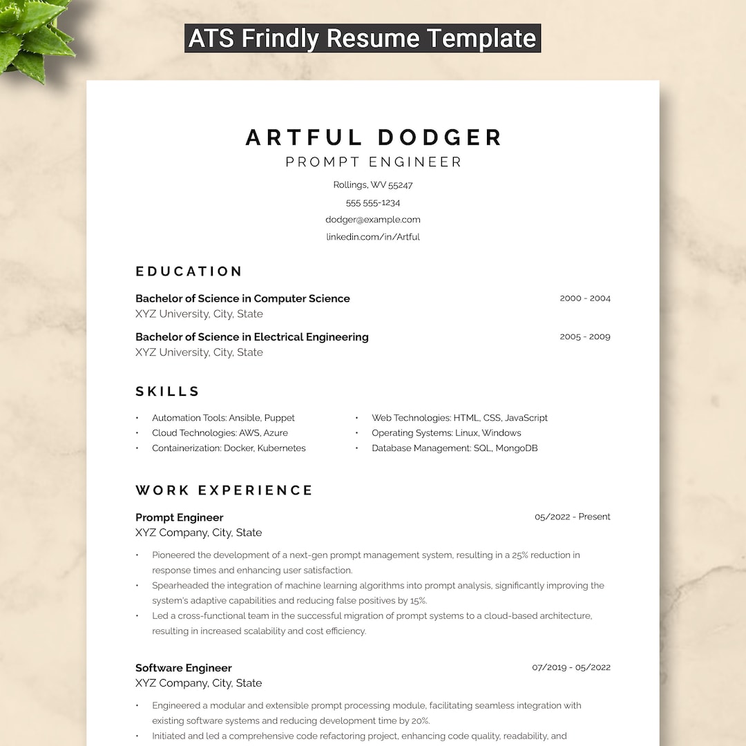 ATS Friendly Chatgpt Prompt Engineer Resume Template Word, Google Docs ...