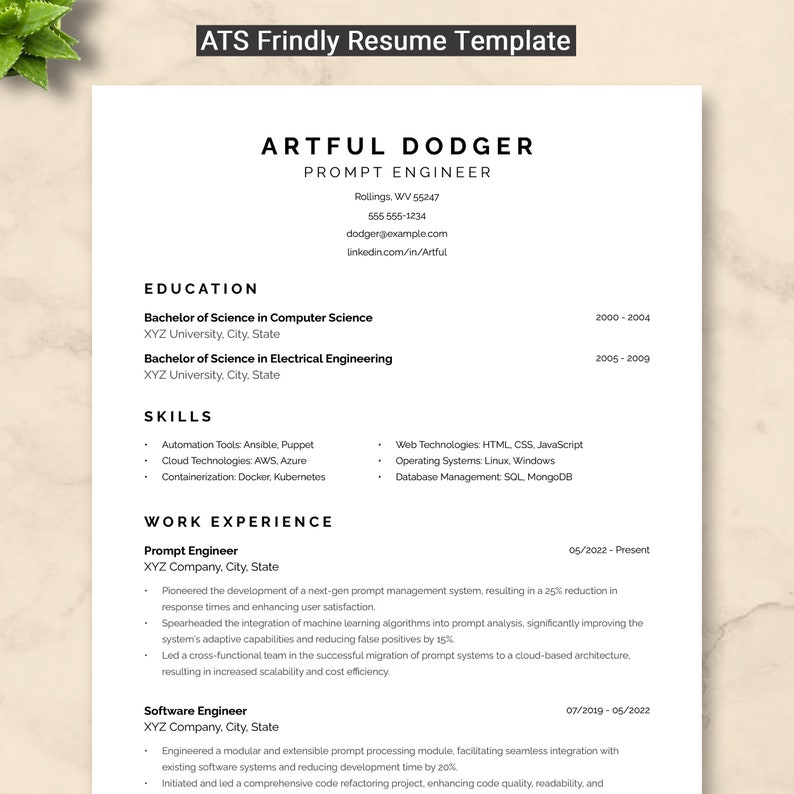ATS Friendly Chatgpt Prompt Engineer Resume Template Word, Google Docs ...