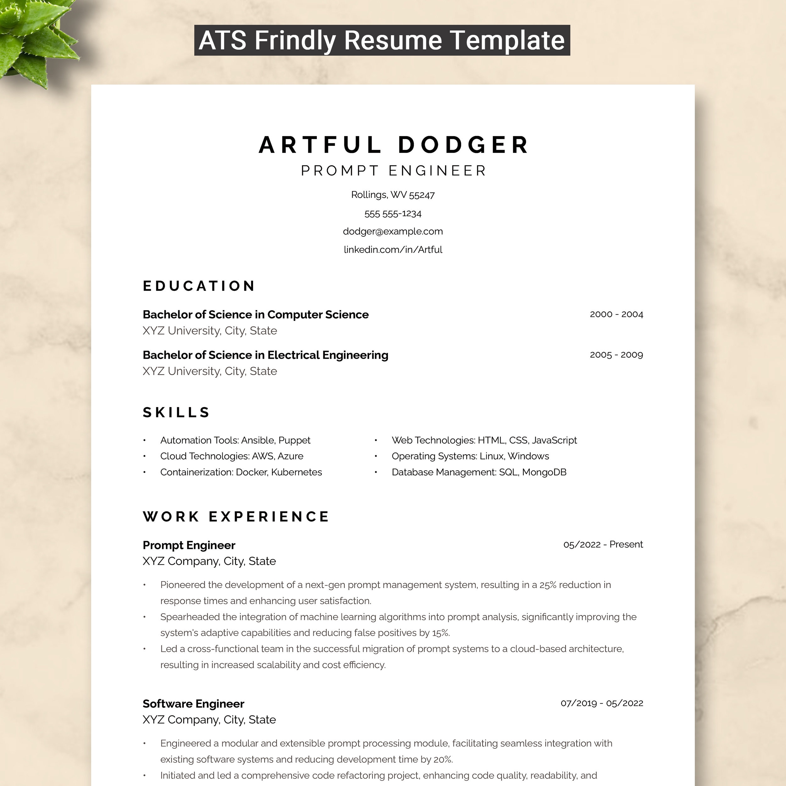 ATS Friendly Chatgpt Prompt Engineer Resume Template Word, Google Docs ...