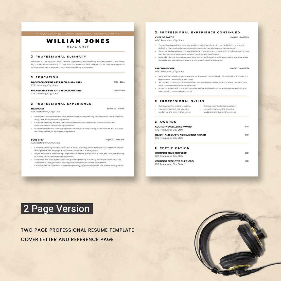 Head Chef Resume Template Word, Google Docs, Mac Pages Editable Resume ...