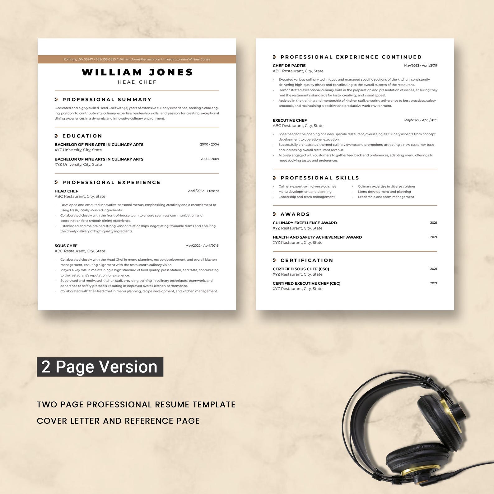 Head Chef Resume Template Word, Google Docs, Mac Pages Editable Resume ...
