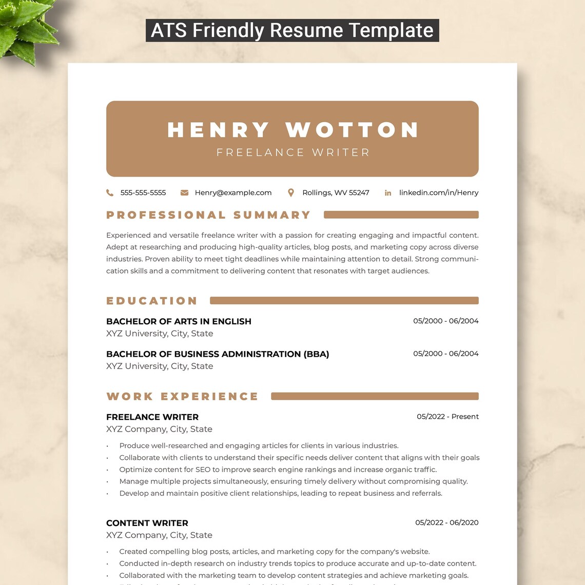 ATS Friendly Freelance Writer Resume Template With Cover Later | Copy ...