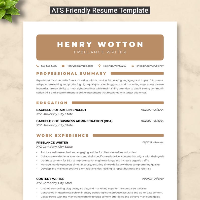 ATS Friendly Freelance Writer Resume Template With Cover Later | Copy ...