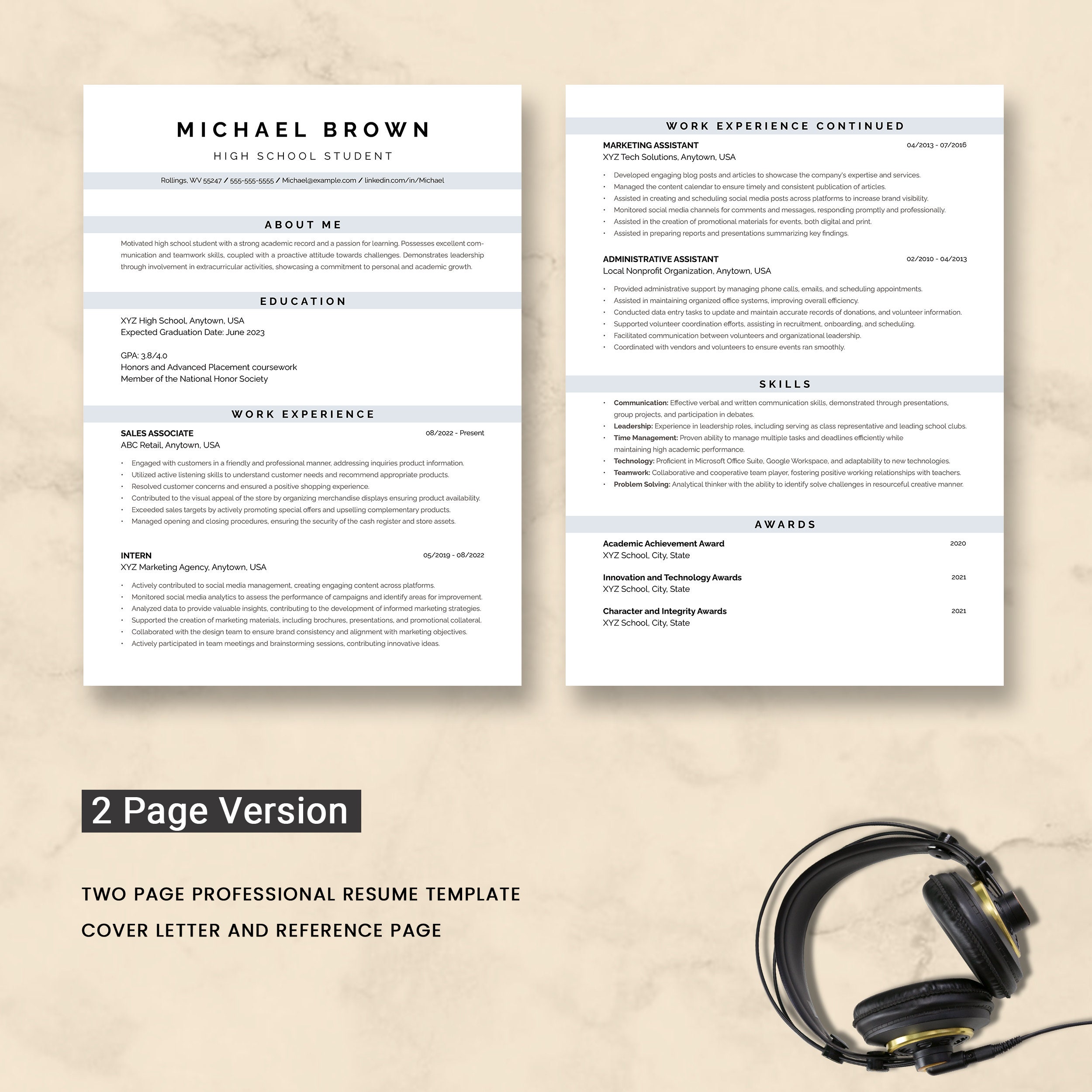 ATS Friendly High School Student Resume Template Word, Google Docs ...
