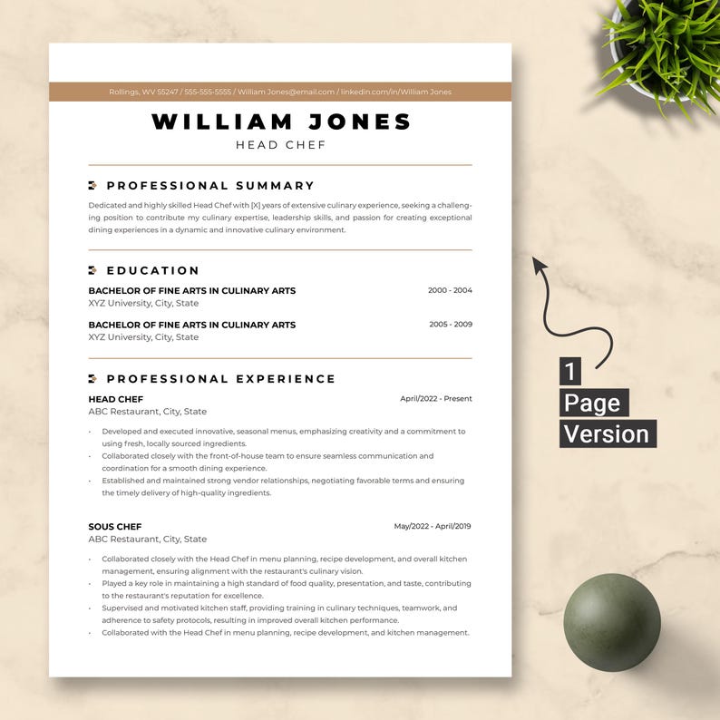 Head Chef Resume Template Word, Google Docs, Mac Pages Editable Resume ...