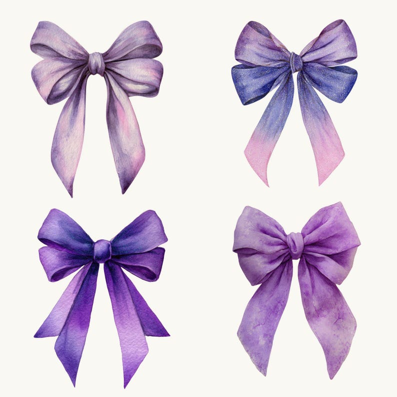 Purple Ribbon Bow Clipart, Watercolour Invitation Graphics, Cottagecore ...