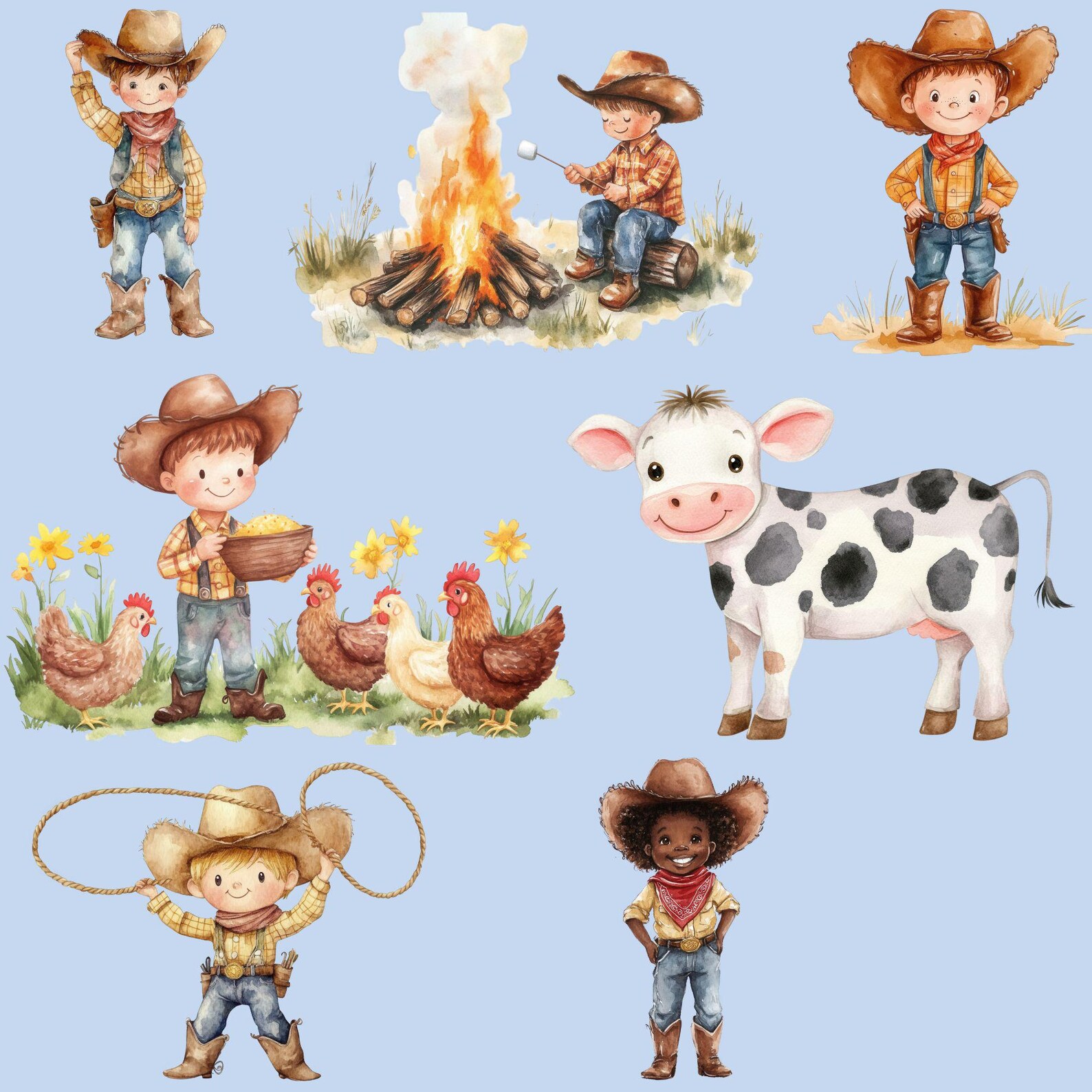 Cowboy Clipart Bundle PNG | Western Kids, Farm Animals & Boots | Wild ...