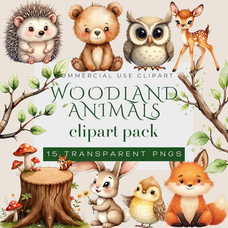 Woodland Animals Clipart Bundle PNG, Forest Animal Clip Art, Cute Baby ...