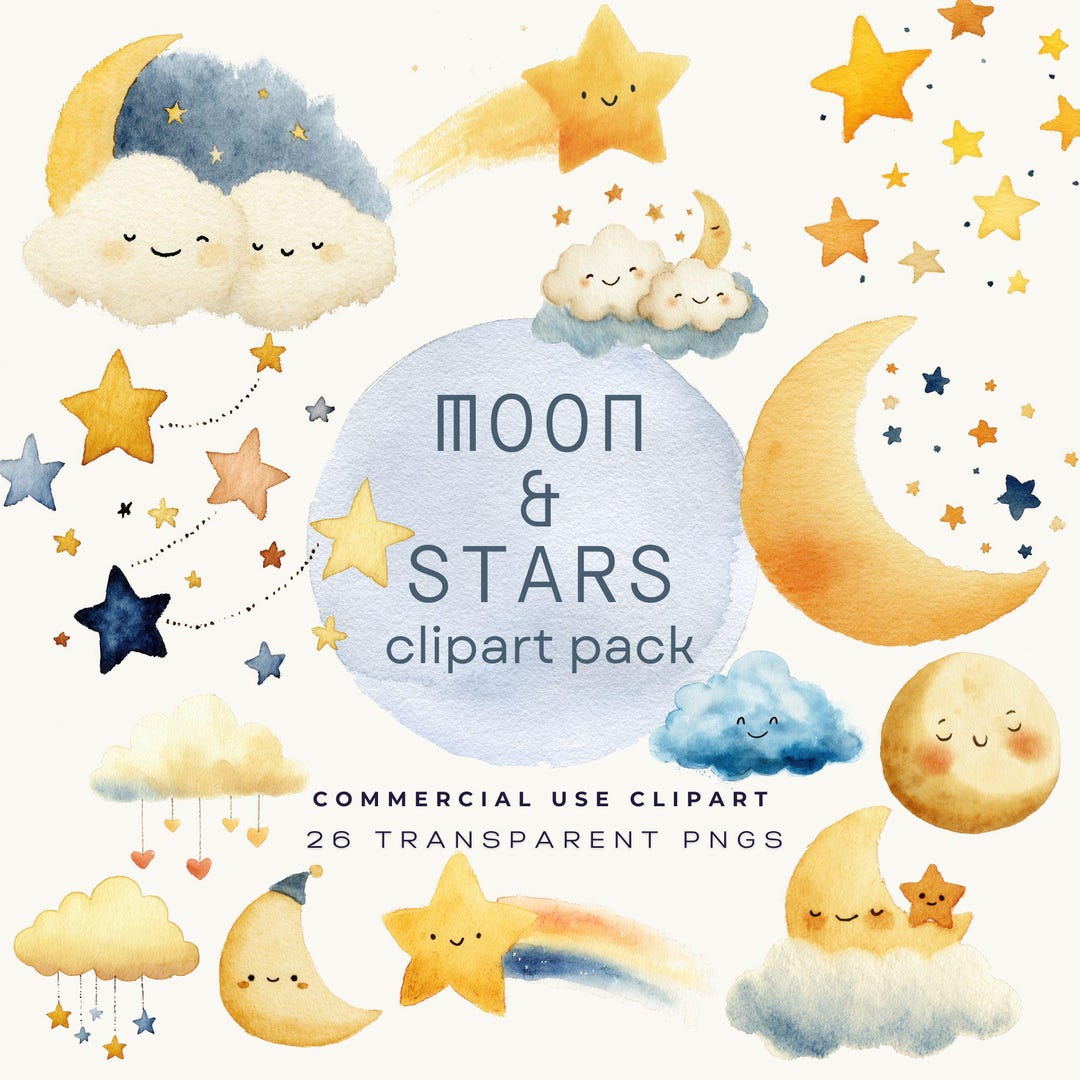 Moon and Stars Nursery Clipart, Watercolour Clipart, Celestial Clipart ...