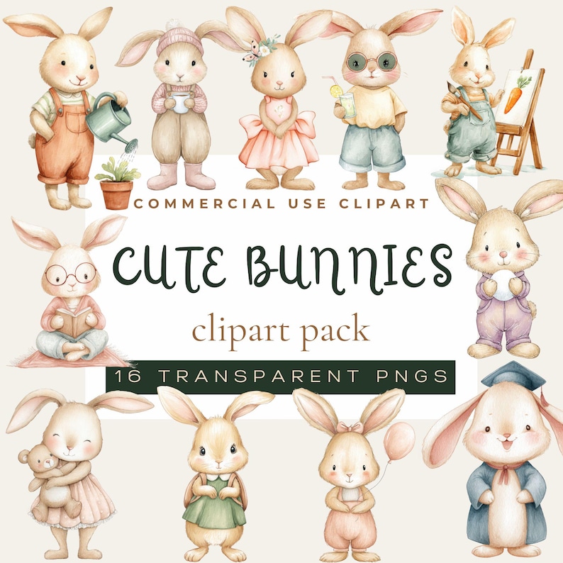 Watercolor Bunny Clipart Bundle: Pastel Rabbit Illustrations (PNG ...