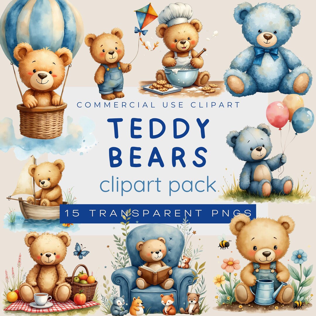 Watercolour Teddy Bear Clipart Bundle, Blue Teddy Bear Clipart, Baby ...