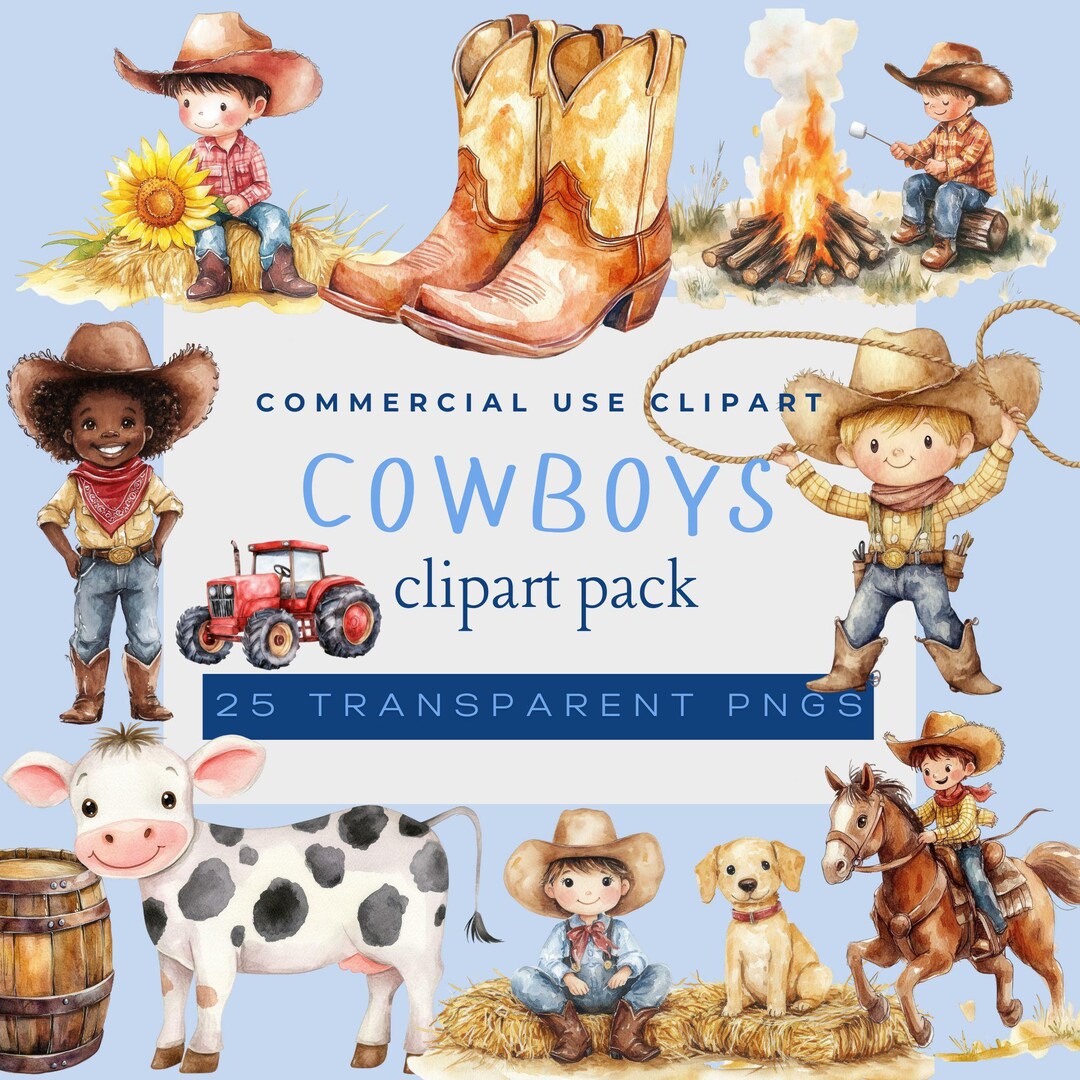Cowboy Clipart Bundle PNG | Western Kids, Farm Animals & Boots | Wild ...