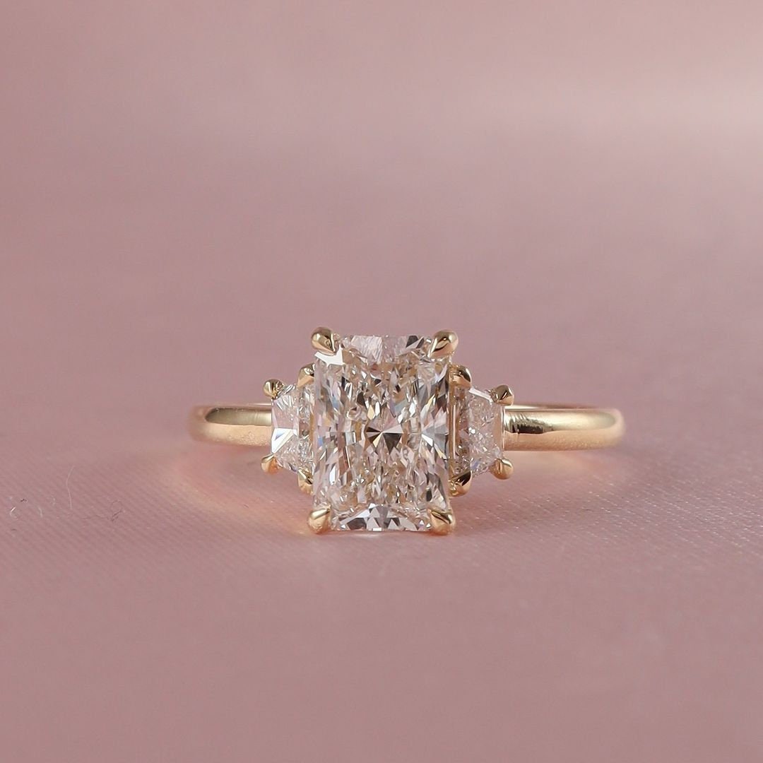2.50 CT Lab Grown Radiant & Trapezoid Diamond Three Stone Engagement ...