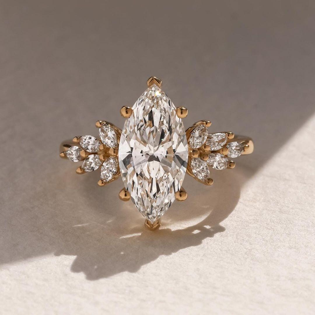 2.00 TCW Marquise Cut Lab Grown Diamond Engagement Ring, 18K Solid Gold ...