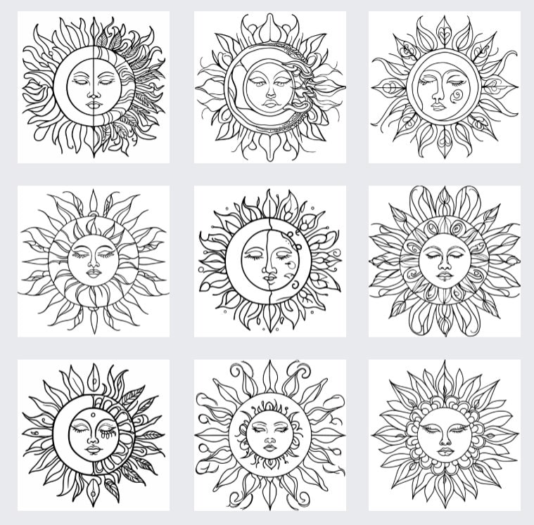 Ornate Sun Coloring Pages Digital Download X18 - Etsy