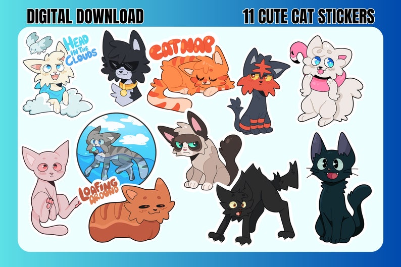 11 Cute Cat Digital Printable Stickers for Planners | Meme Cat Animals ...