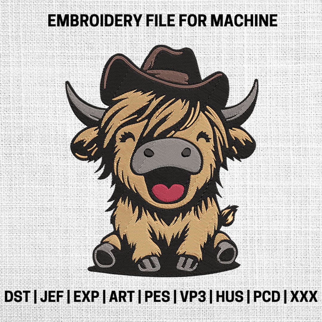 Happy Highland Cow Embroidery Designs, Cute Highland Cow Embroidery ...