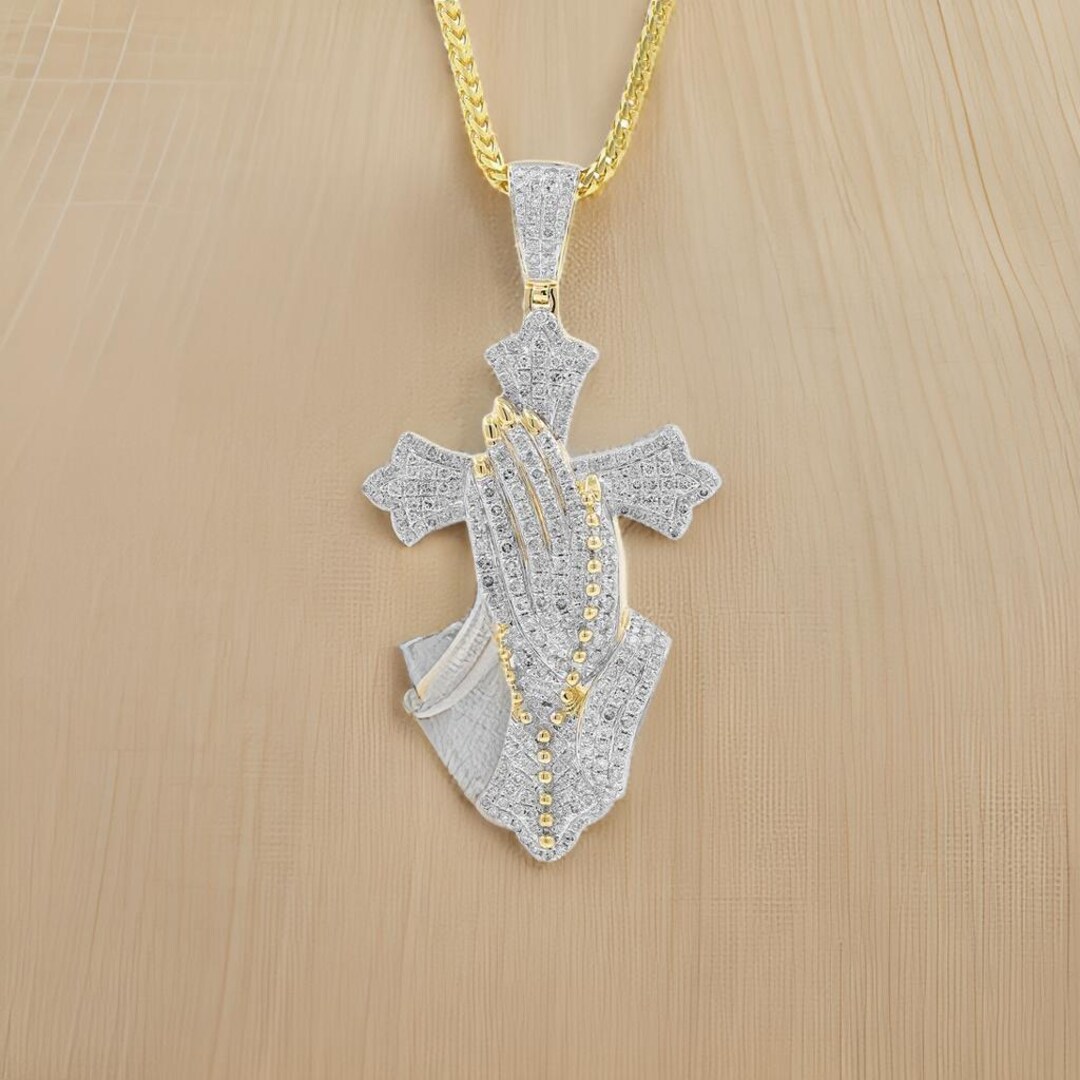 Fully Iced Cross and Prayer Hands Hip Hop Pendant With VVS Moissanite Diamonds - Bold, Brilliant ...