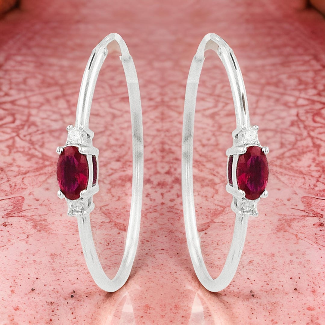 25MM Red Ruby Tube Hoop Earrings With Diamonds in 14K Gold Plated ...