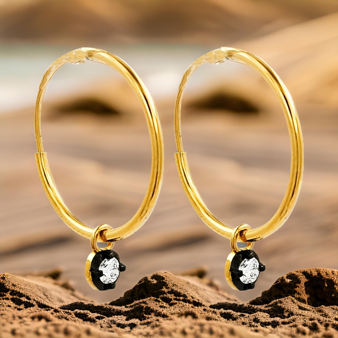 18MM Black & 14K Gold Plated Sterling Silver Hoop Earrings With Lab ...