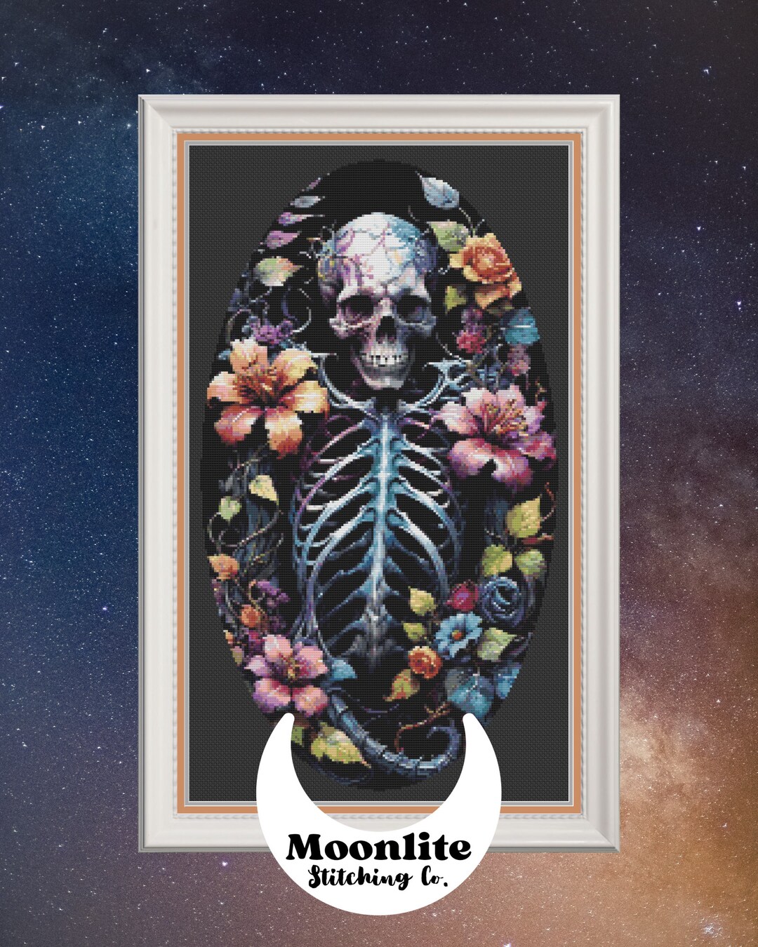 PDF Digital Cross Stitch Pattern, Oval Skeleton Floral Xstitch Chart ...