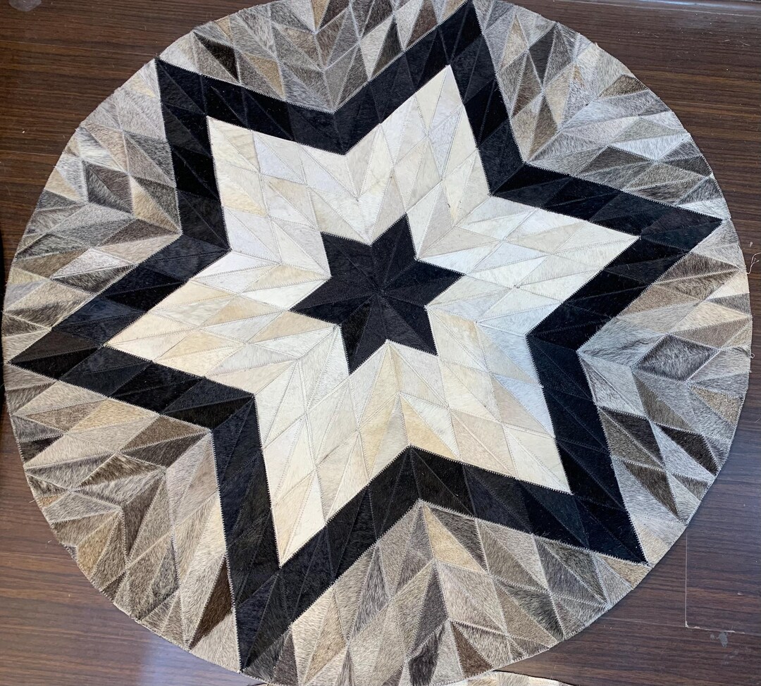 Cowhide Round Rug Black&white Grey Patchwork Design Carpet Handmade ...