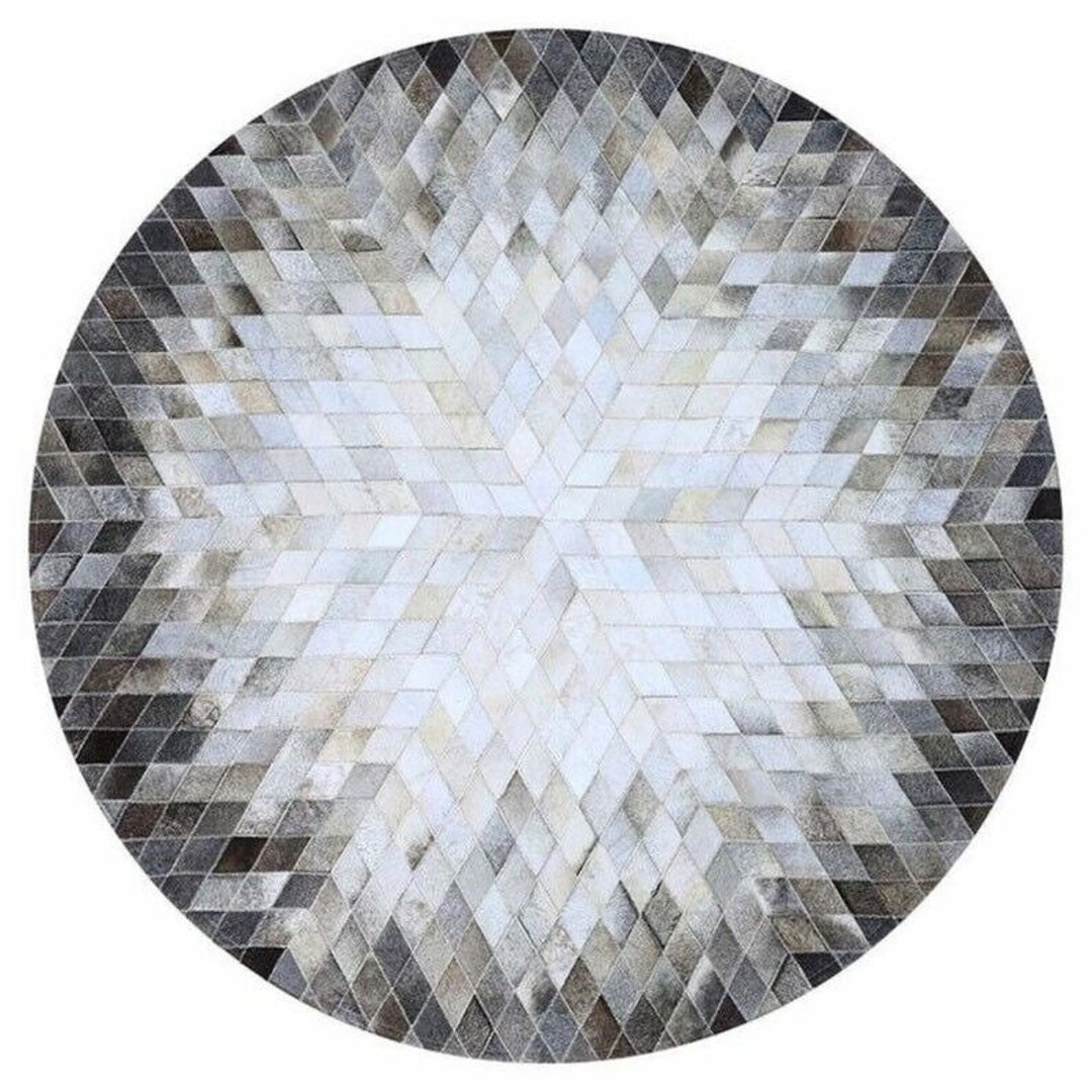 Cowhide Round Rug Grey &white Patchwork Design Handmade Leather Rug ...