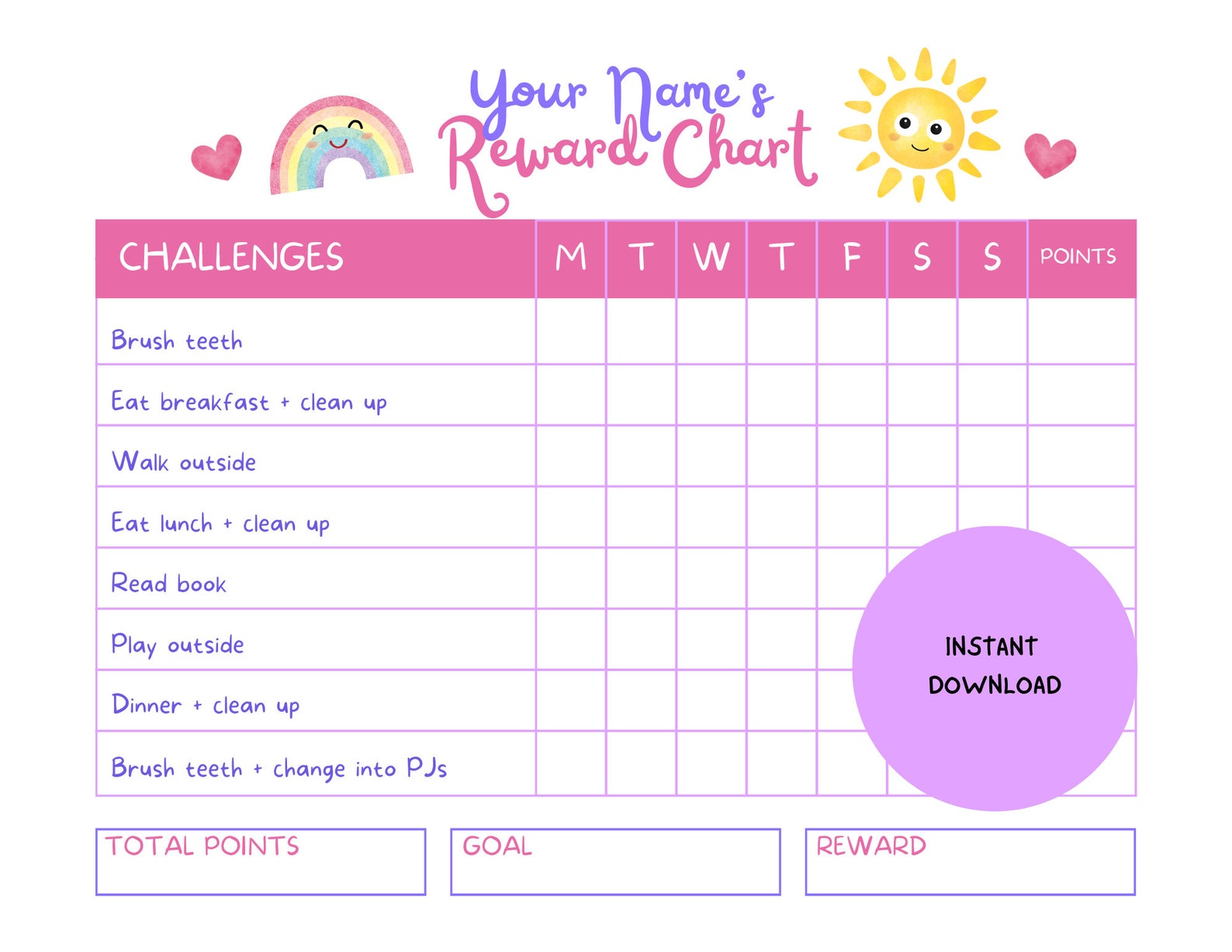 Printable Children's Reward Chart Sunshine and Rainbow Reward Chart ...