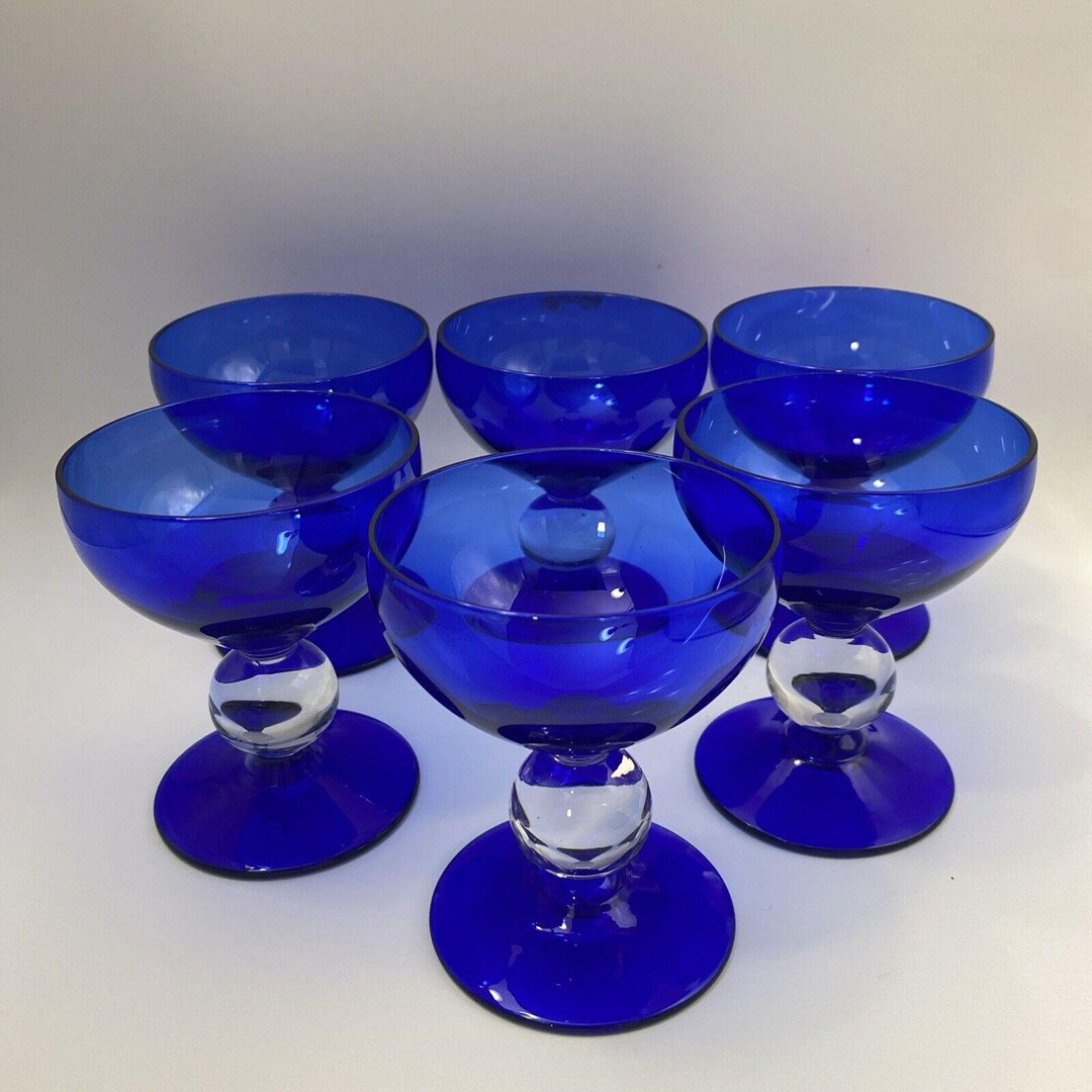 Set of 6 Bryce Cambridge Glass Champagne Glasses Cobalt Blue Vintage ...