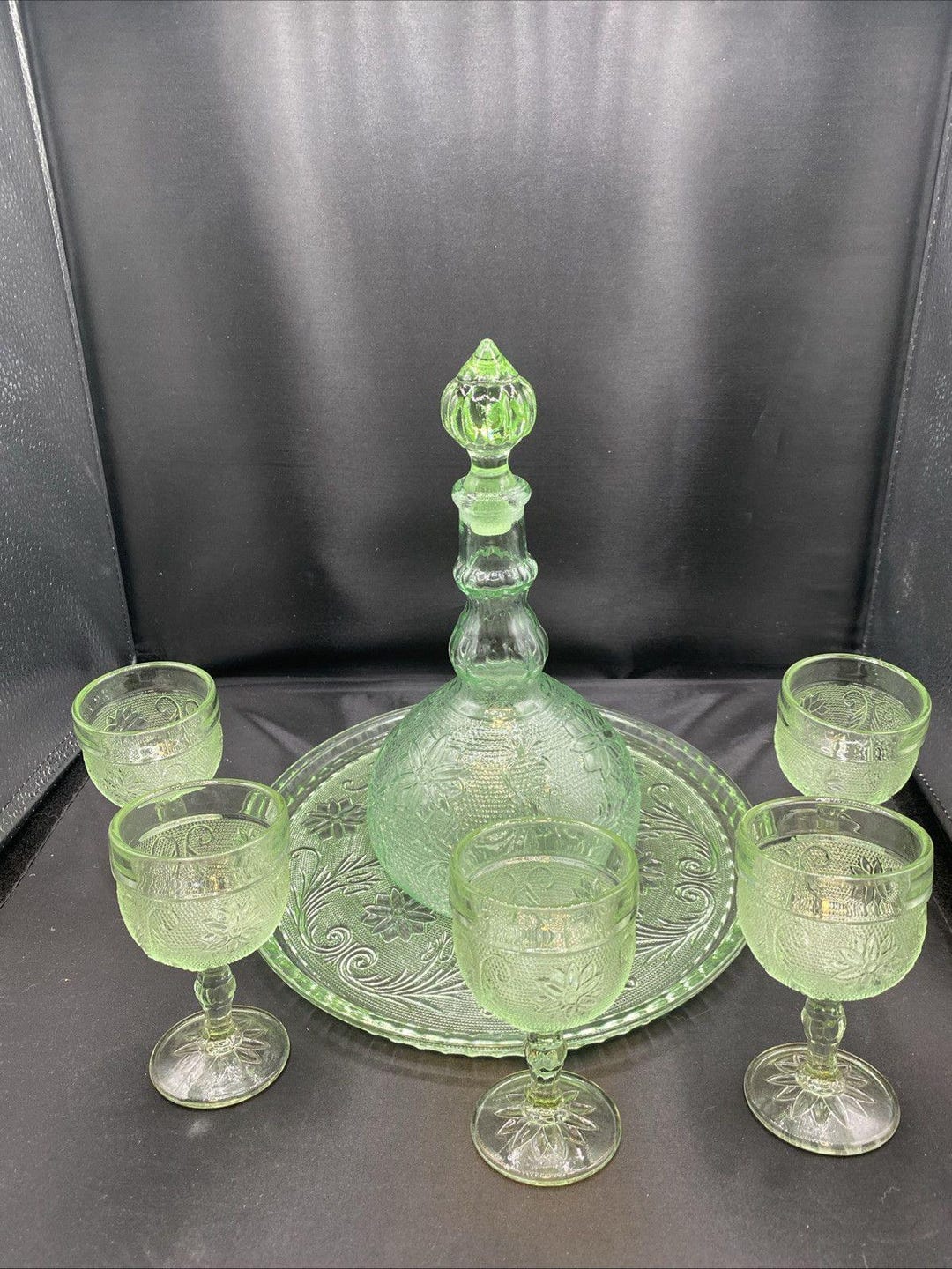 Vintage Tiara Chantilly Green Glass Decanter Set MCM - Etsy