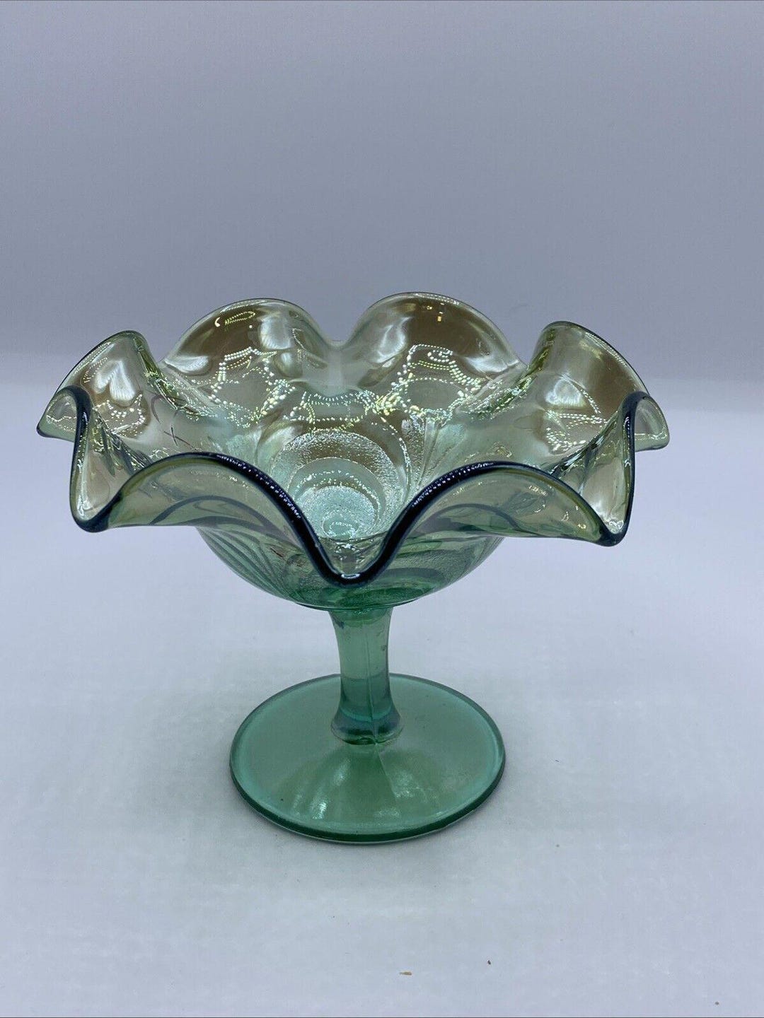 Vintage IMPERIAL GLASS Helios Green Carnival Pedestal Bowl - Etsy