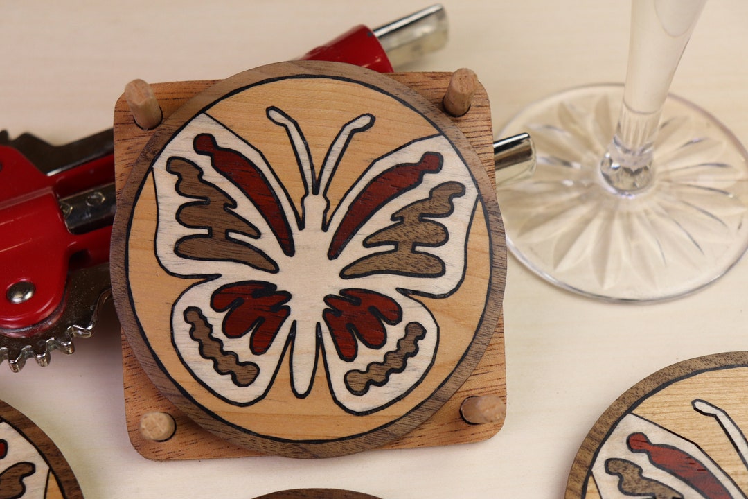 Wood Inlay Butterfly Coaster Set of 4. Hand Inlay Wooden Coasters ...