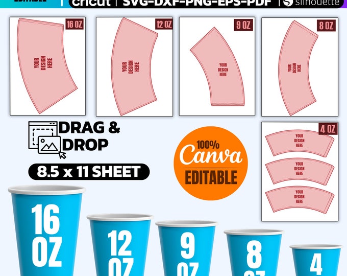 Paper Cup Bundle Template, 4oz, 8oz, 9oz, 12oz, 16oz, 22oz, Full Wrap ...