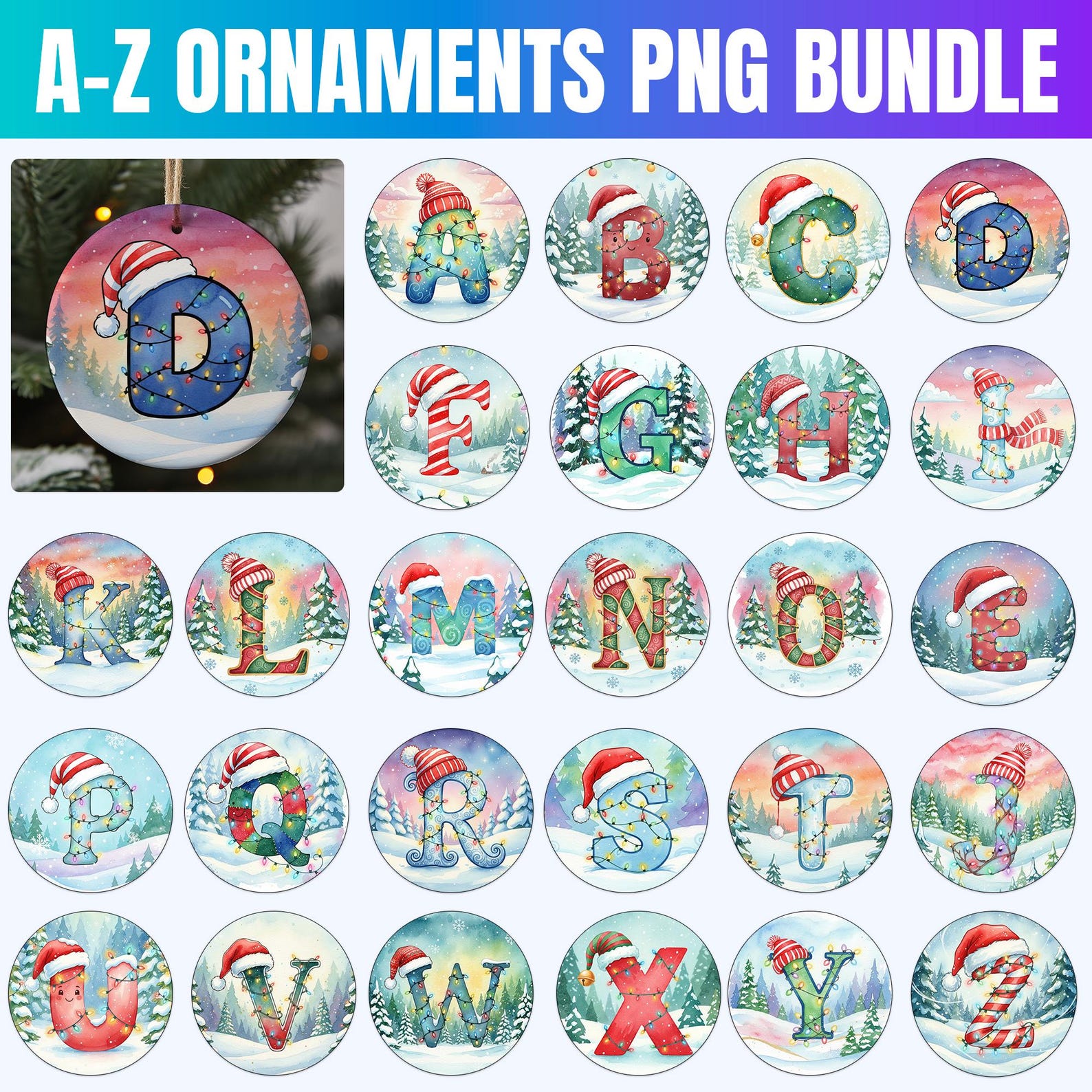Letter Christmas Ornaments PNG Bundle, A-Z Christmas Ornaments Png ...