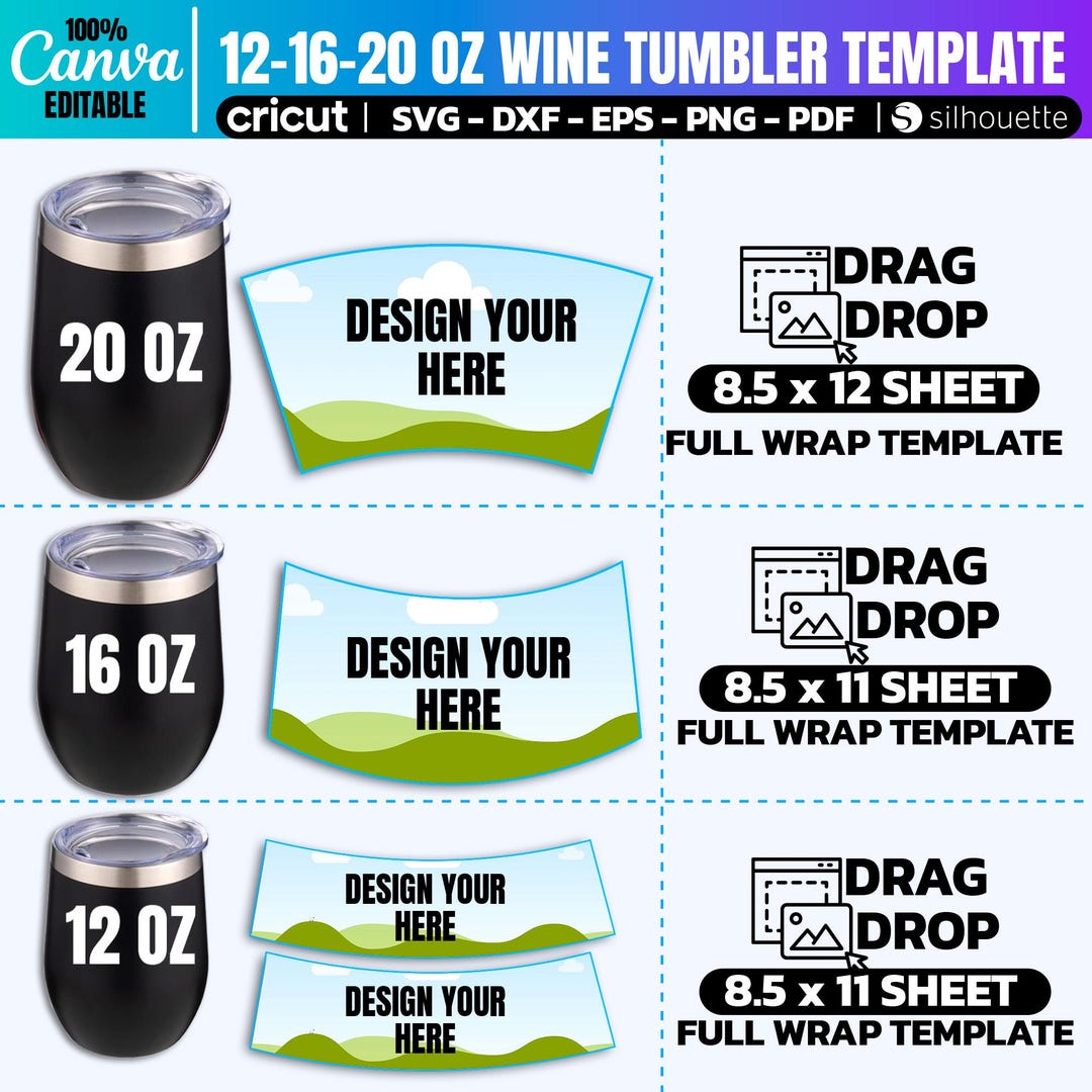 Wine Tumbler Template Bundle: 12-20 Oz, SVG PNG PDF (digital Download ...
