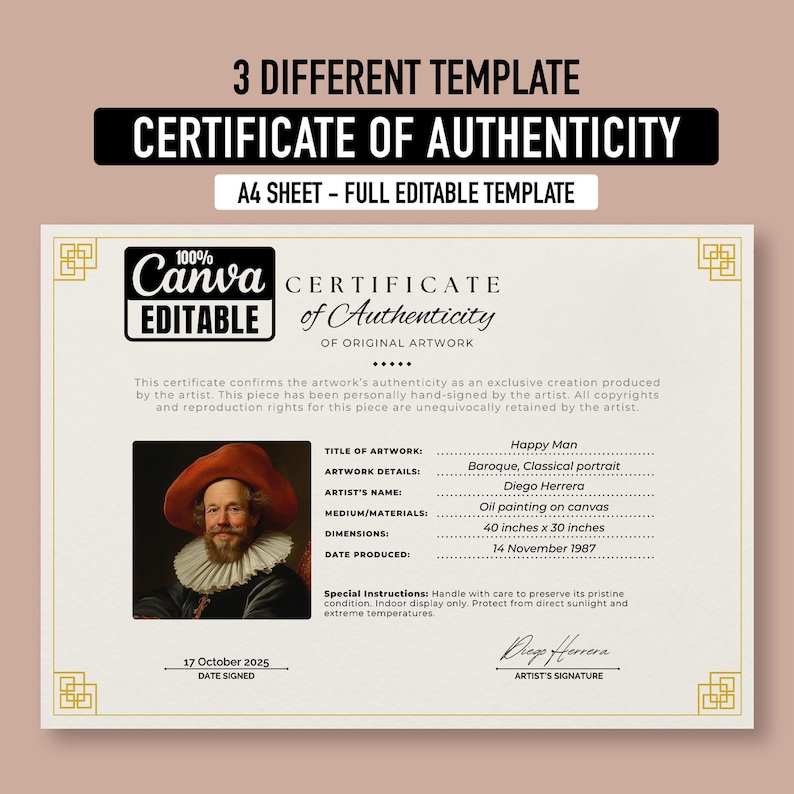 Editable Certificate of Authenticity for Artwork Template, Artist ...