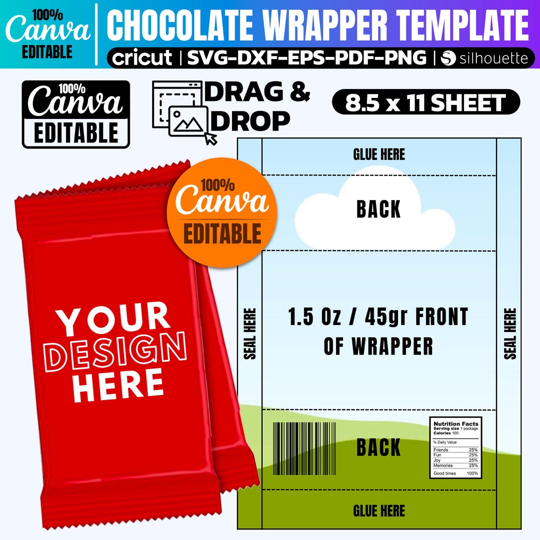 Chocolate Wrapper Template 1.5 Oz, Canva Candy Bar Wrappers, Candy ...