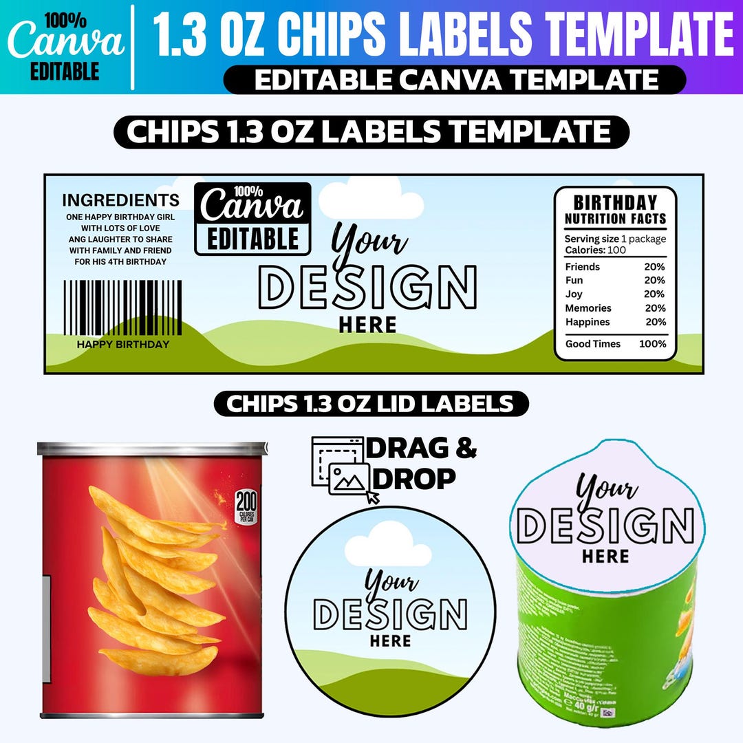 Chip Labels Template, Chip Bag Sticker Template Canva, Chip Can Label ...