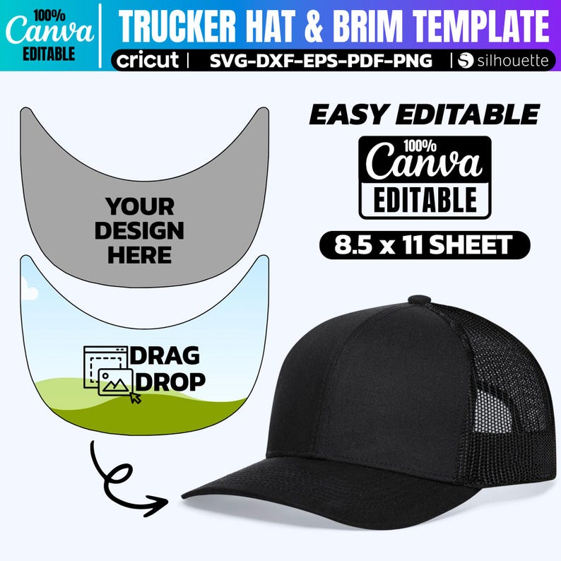 Trucker Hat Template Bundle: 5 Size Editable Canva Design for ...
