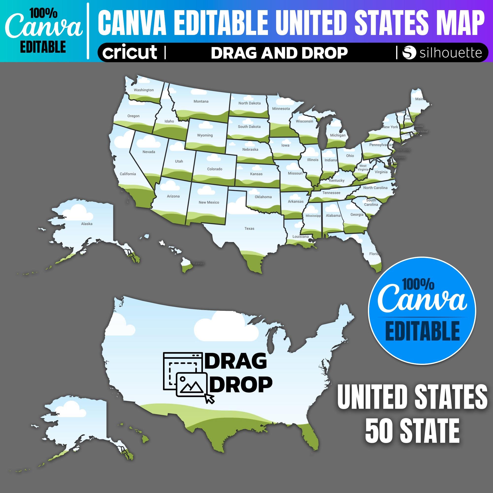 Canva Editable United States Map, 50 States USA Map Canva Frame ...